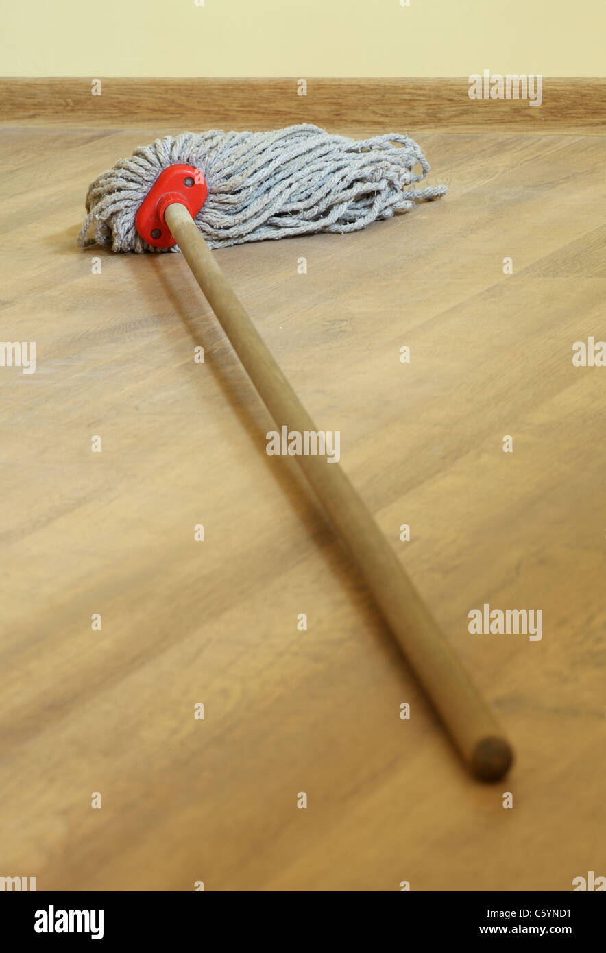 Mop in the room plank flooring Stock Photo - Alamy