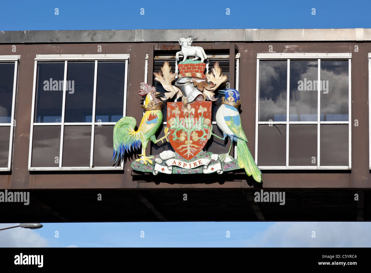 Chesterfield coat of arms on an overhead walkway Stock Photo - Alamy