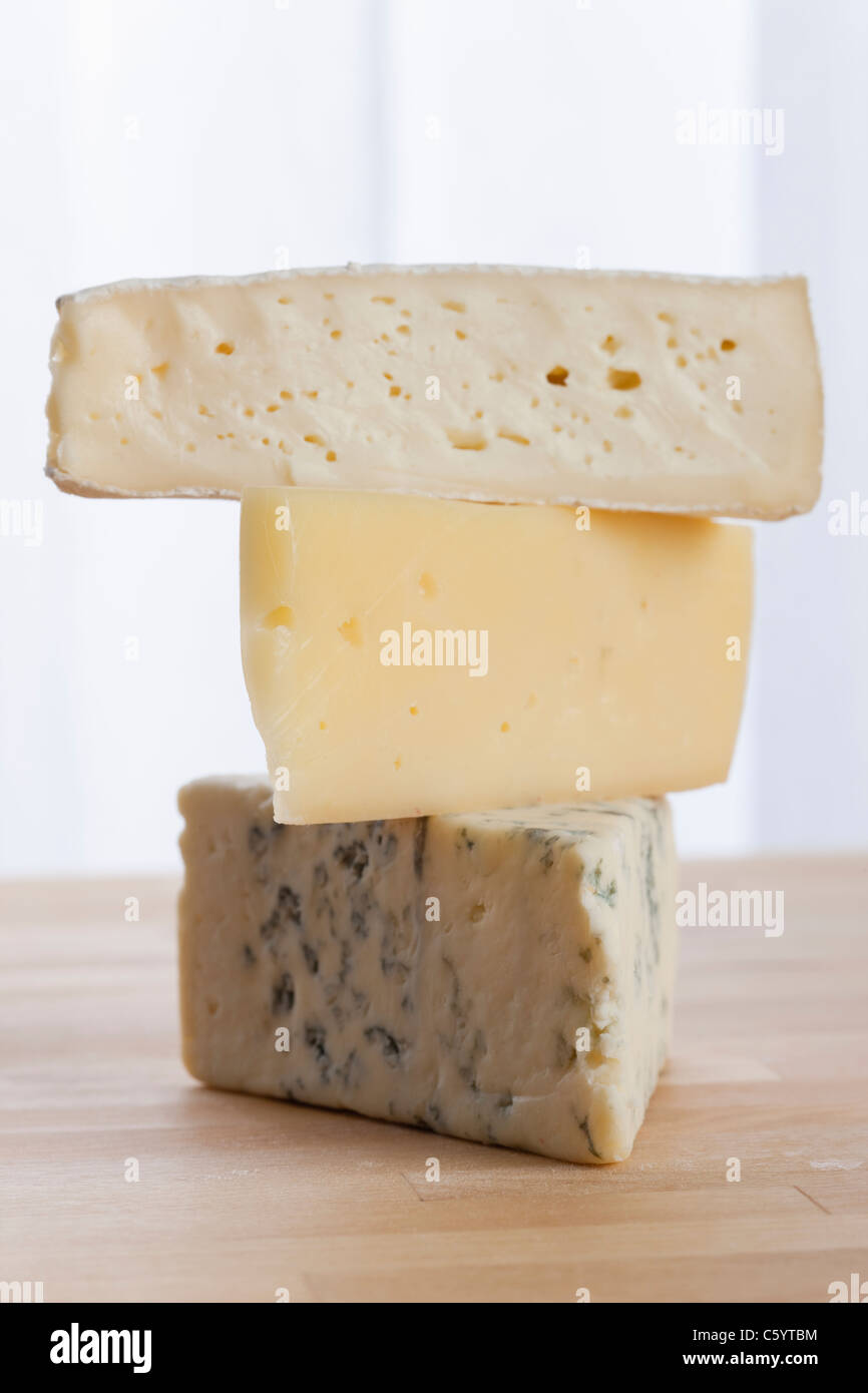 USA, Illinois, Metamora, Stacked cheeses on table Stock Photo - Alamy