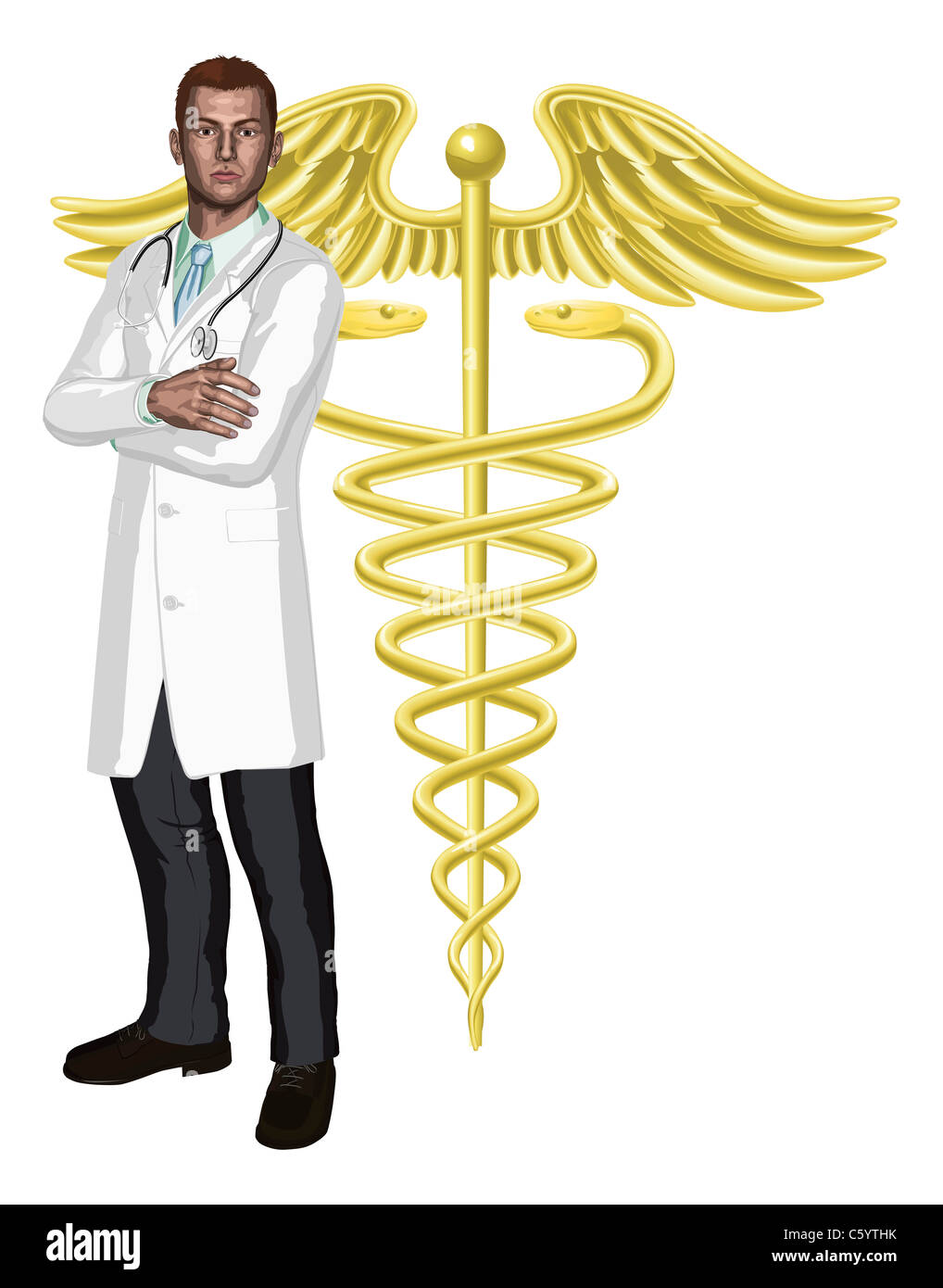 An illustration of a young male doctor with gold caduceus medical ...