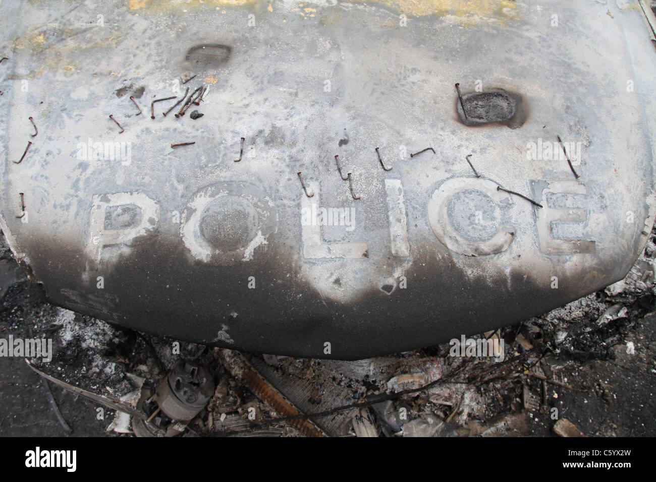 police car bonnet burnt by fire Stock Photo - Alamy