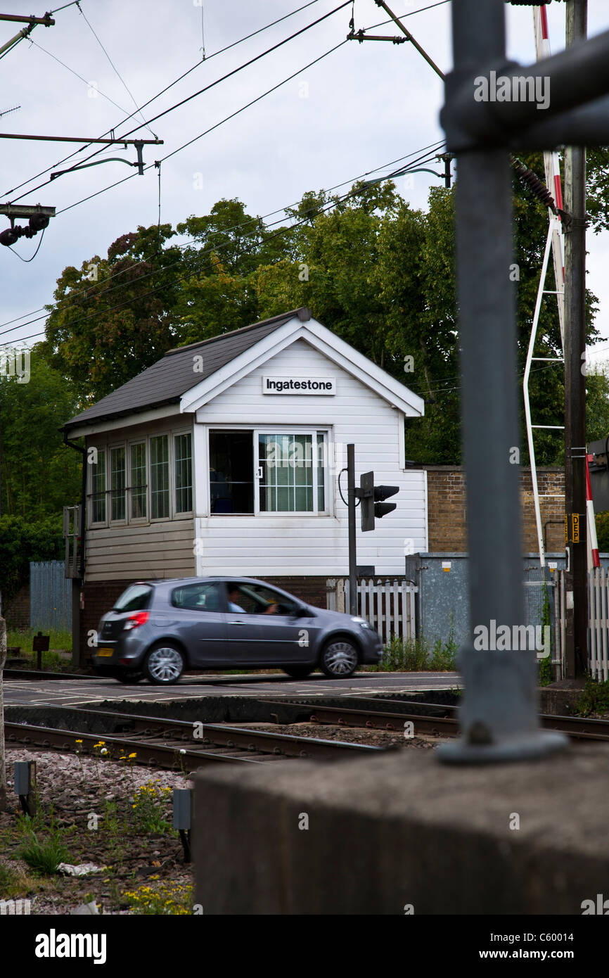Car Crossing Railway at Level Crossing and Signal Box at Ingatestone ...