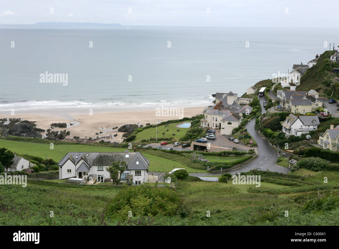 View to the secluded beach at Combesgate, Woolacombe in Devon. A ...