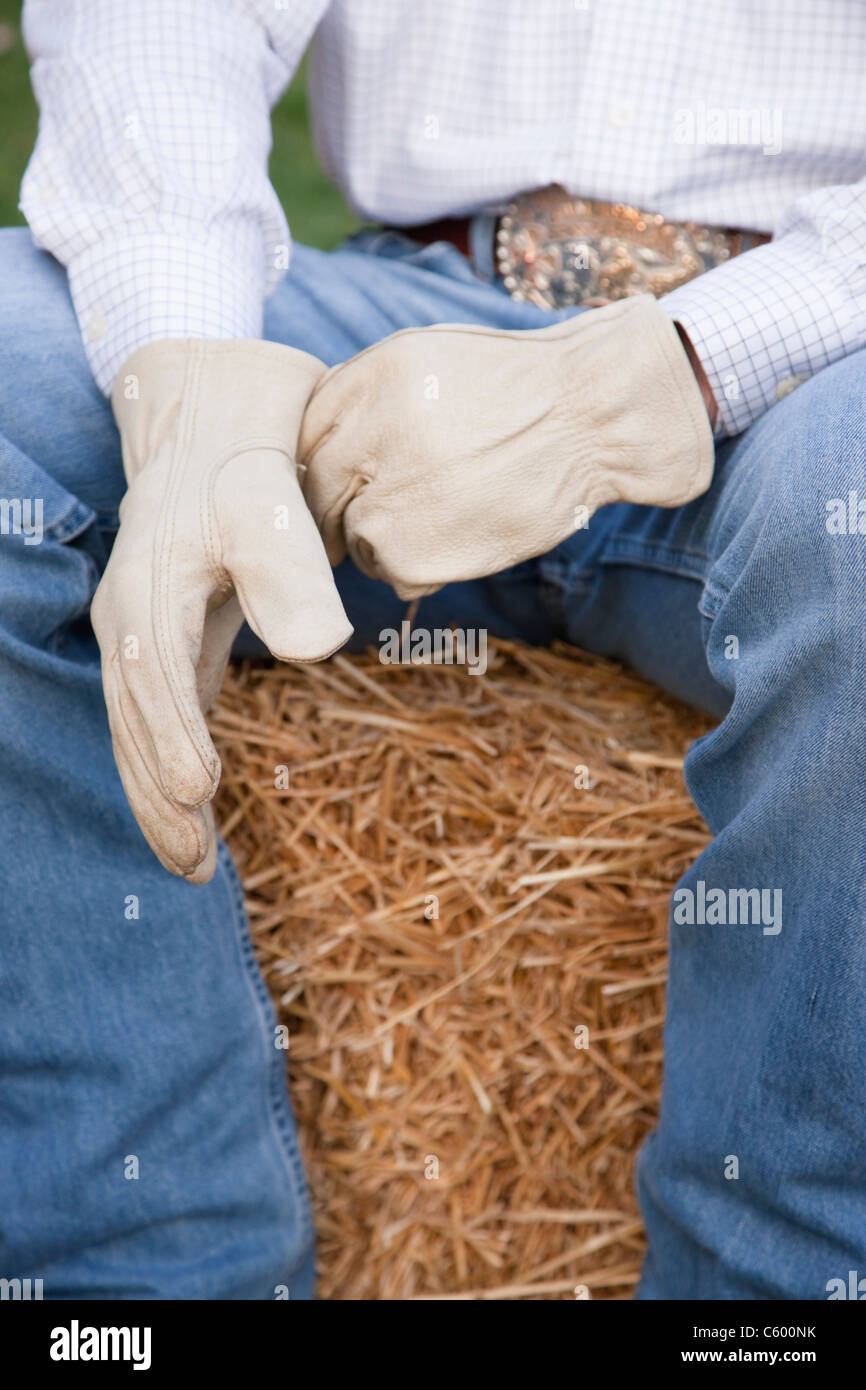 USA, Illinois, Metamora, Cowboy sitting on haystack, mid section Stock ...