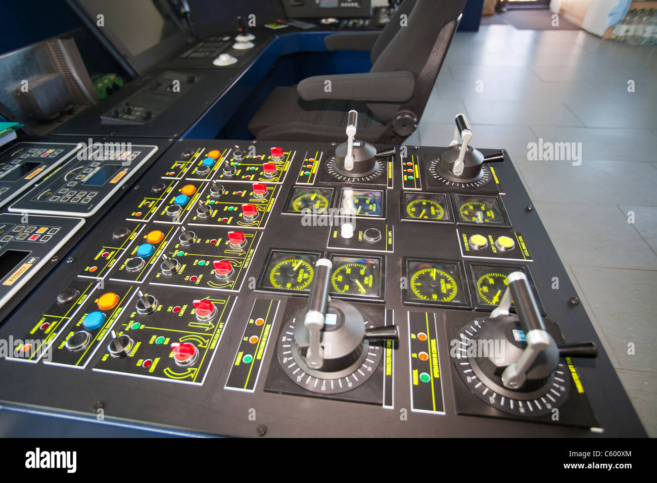 The controls of a jack up barge working on the construction of the ...