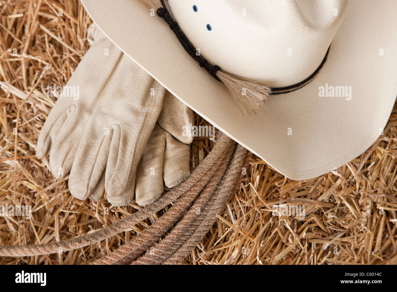 USA, Illinois, Metamora, Cowboy hat, lasso and gloves on haystack Stock ...