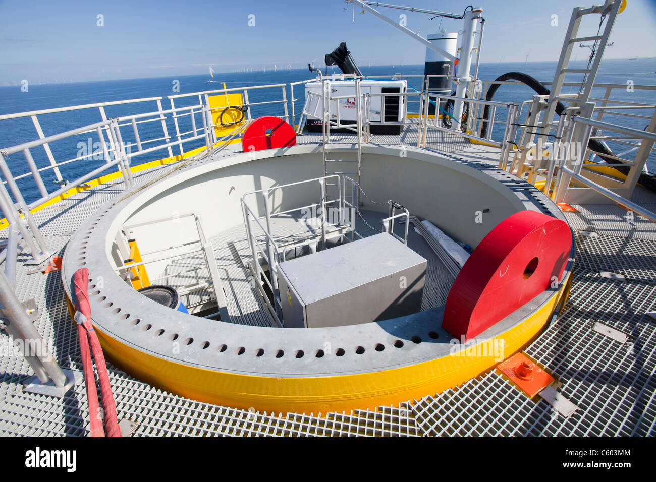 A transition piece of a wind turbine ready to be installed on the ...