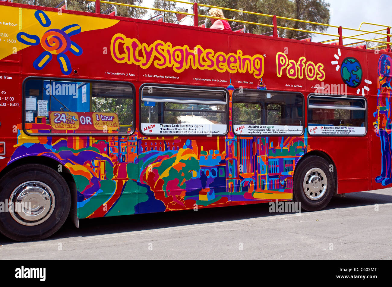 The colourful London Bus used in Paphos for local tours Stock Photo - Alamy