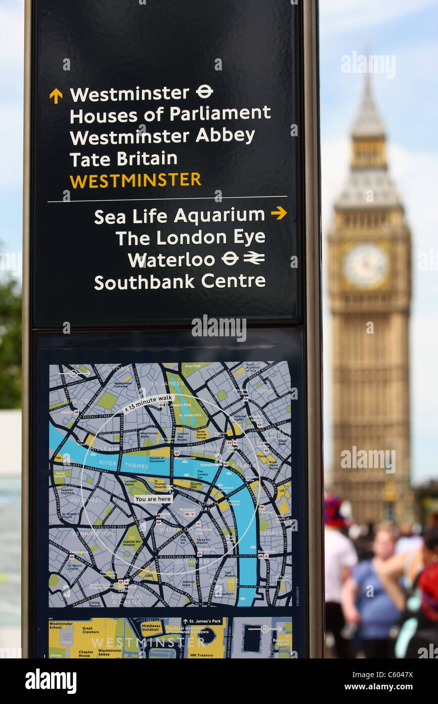 A sign showing places of interest with Big Ben in the background Stock ...