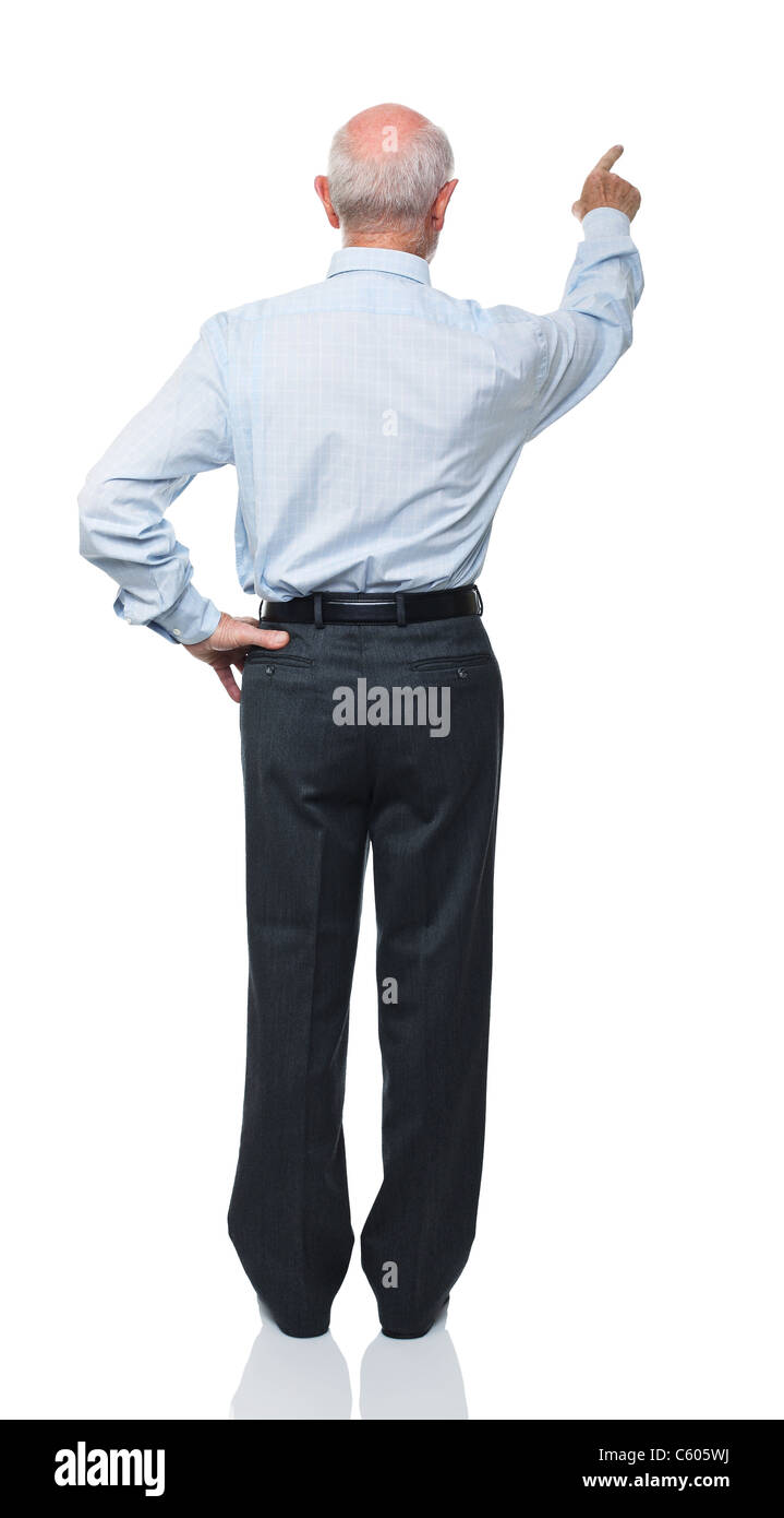 caucasian old man pointing pose on white background Stock Photo - Alamy