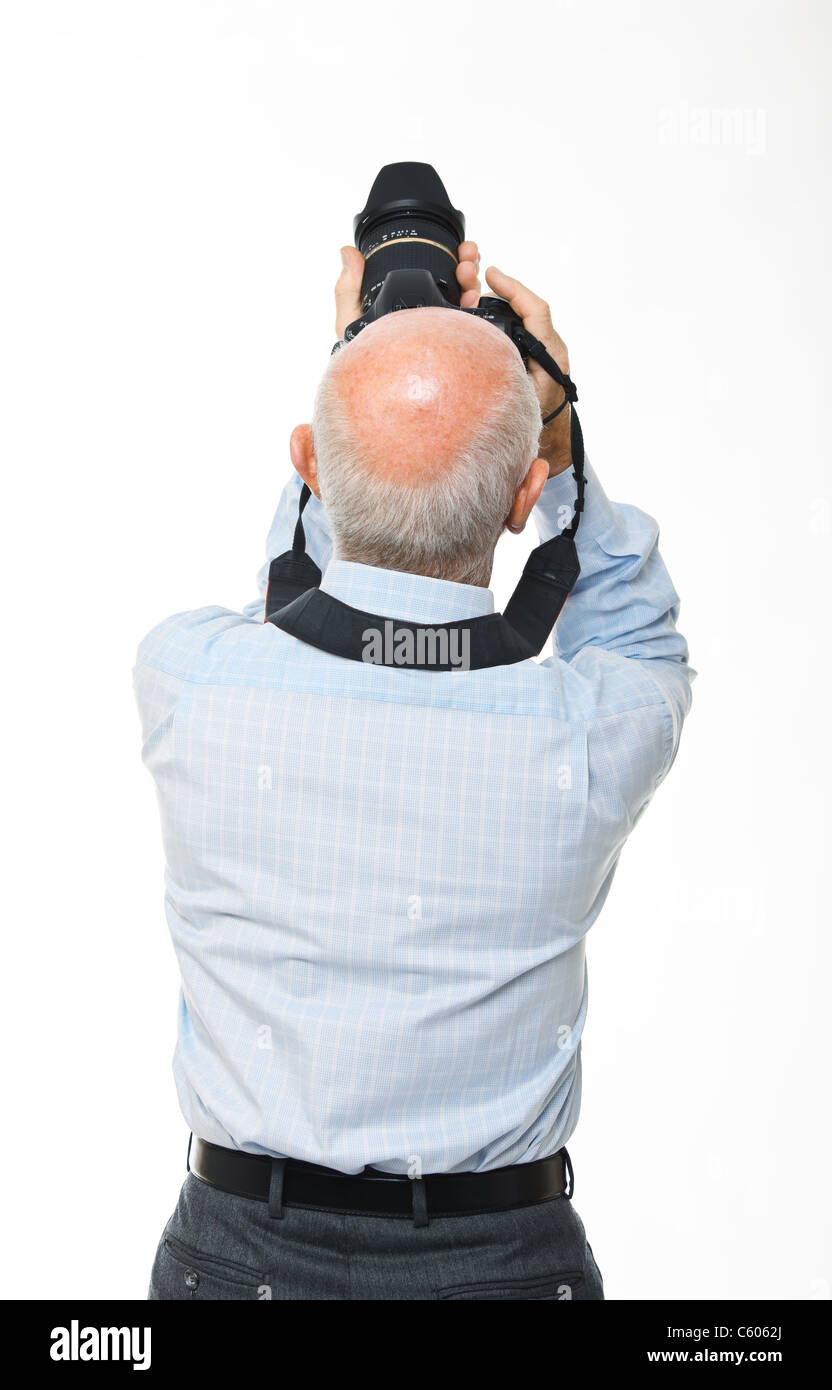 man with camera back view isolated on white background Stock Photo - Alamy