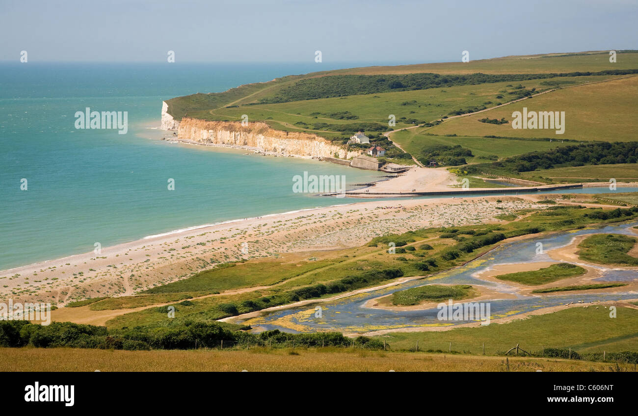 Cuckmere Haven and Seaford Head in East Sussex looking across the Cuckmere river estuary Stock ...
