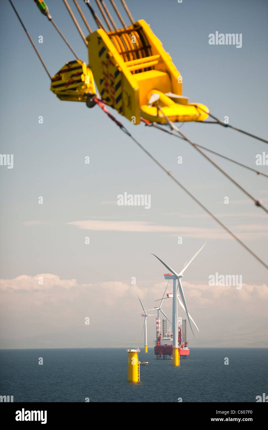 A jack up barge constructing wind turbines on the Walney offshore wind ...