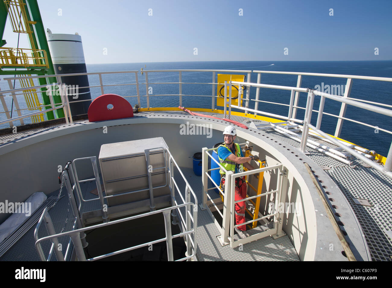 A transition piece of a wind turbine ready to be installed on the ...