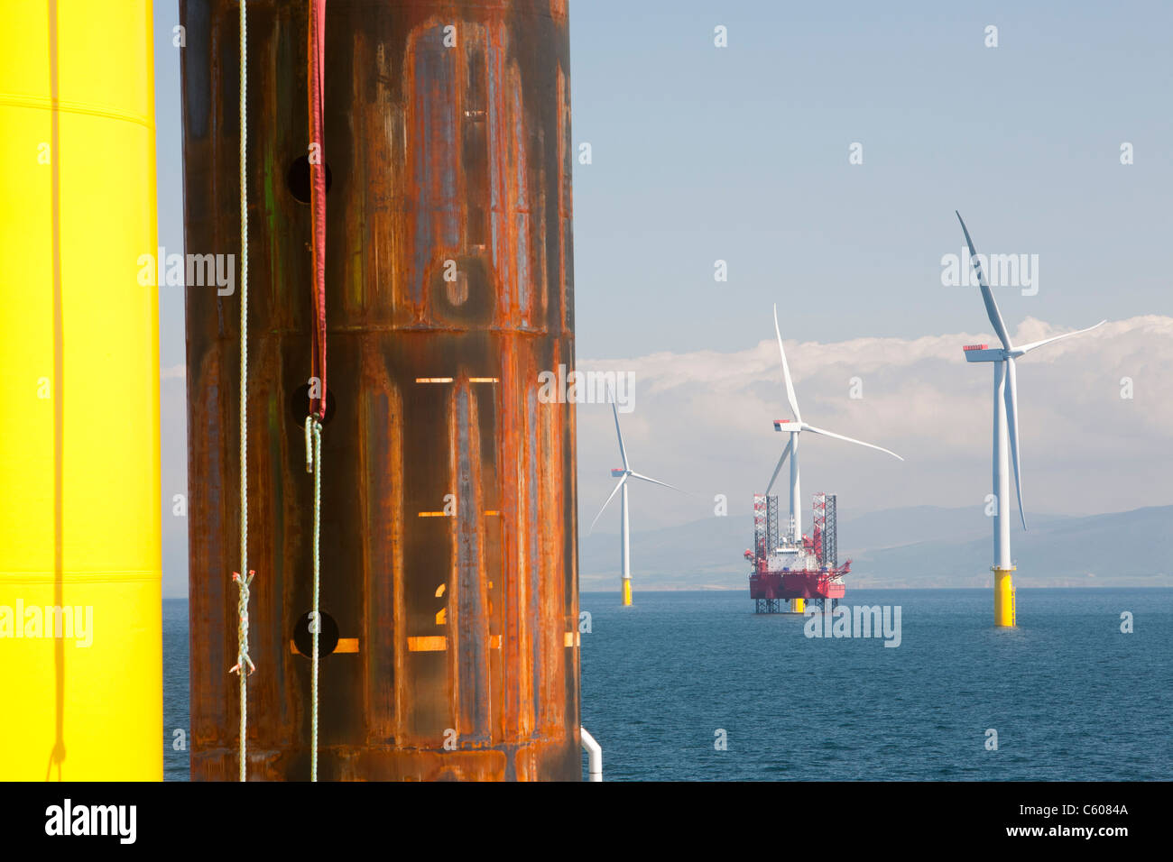 A jack up barge constructing wind turbines on the Walney offshore wind ...