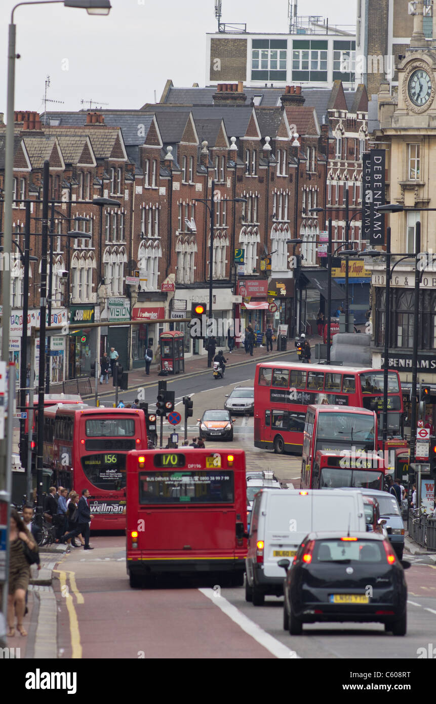 urban landscape of Clapham Junction, London, England with red double ...