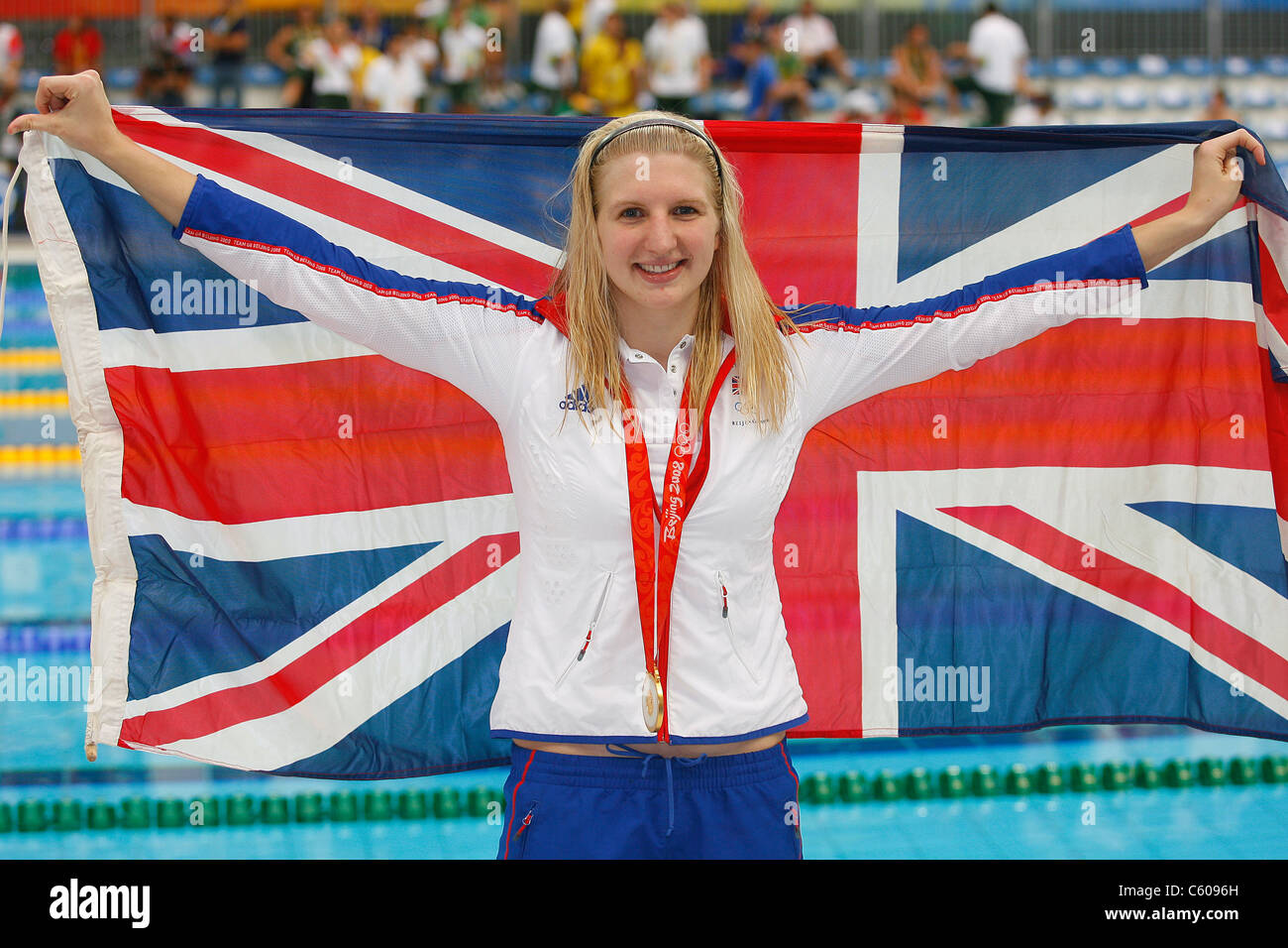 REBECCA ADLINGTON WITH FLAG GREAT BRITAIN OLYMPIC STADIUM BEIJING CHINA ...