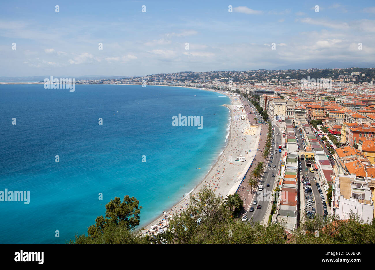 View from Chateau hilltop overlooking Nice seafront and beach Stock ...