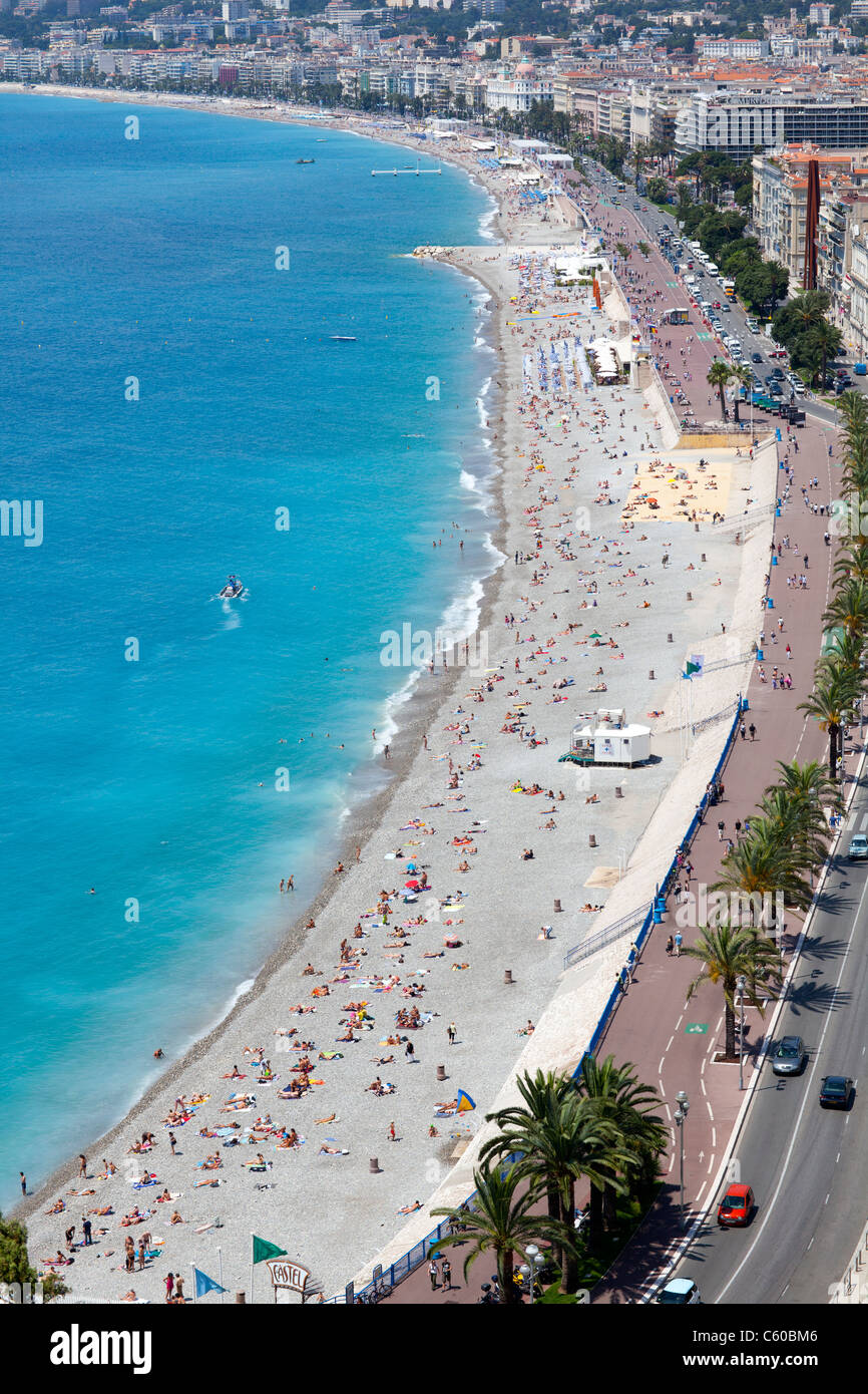 View from Chateau hilltop overlooking Nice seafront and beach Stock ...
