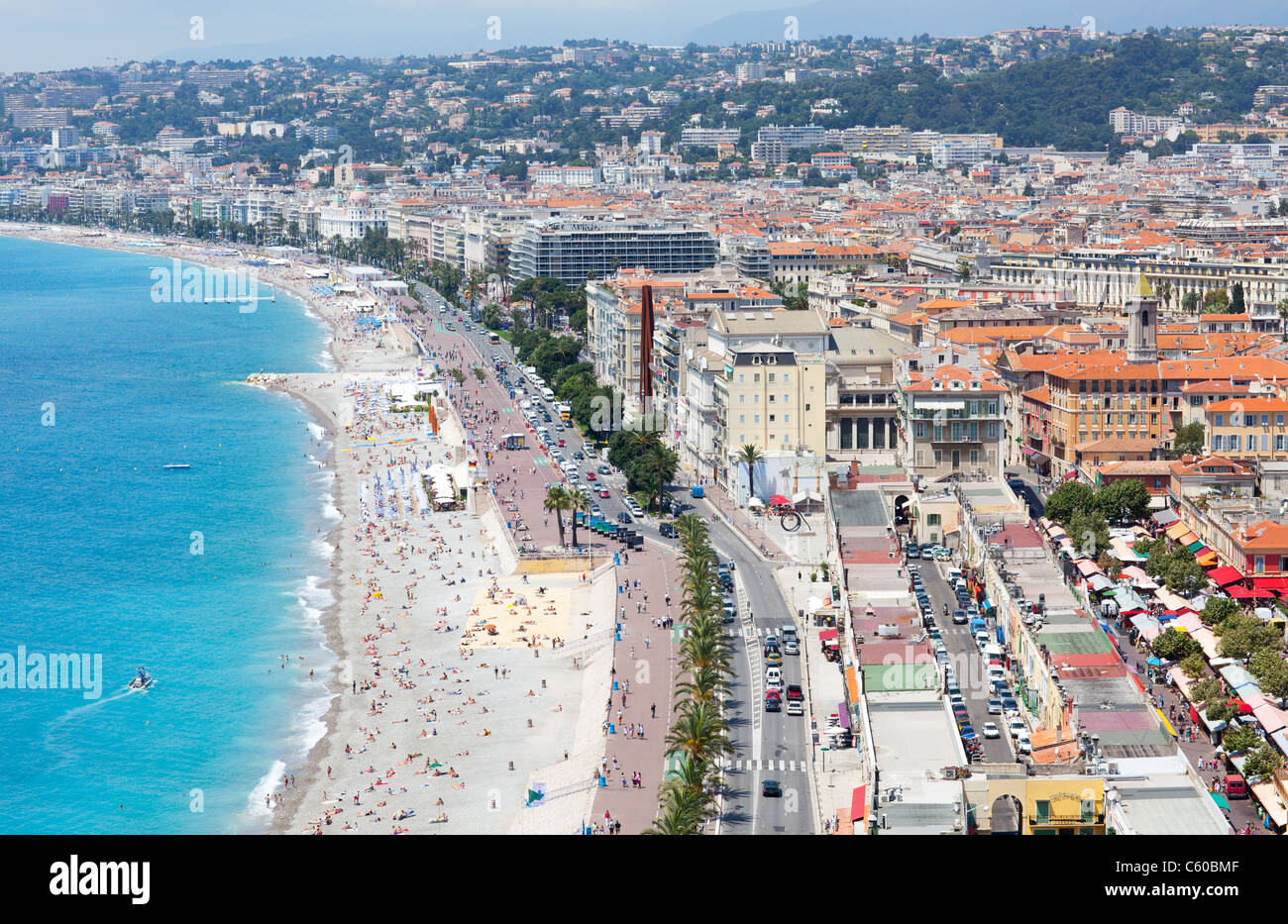 View from Chateau hilltop overlooking Nice seafront and beach Stock ...