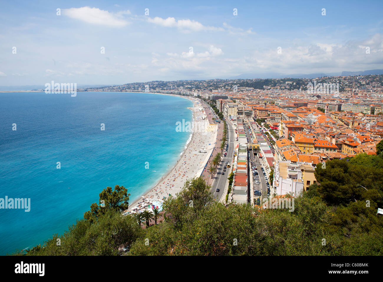 View from Chateau hilltop overlooking Nice seafront and beach Stock ...