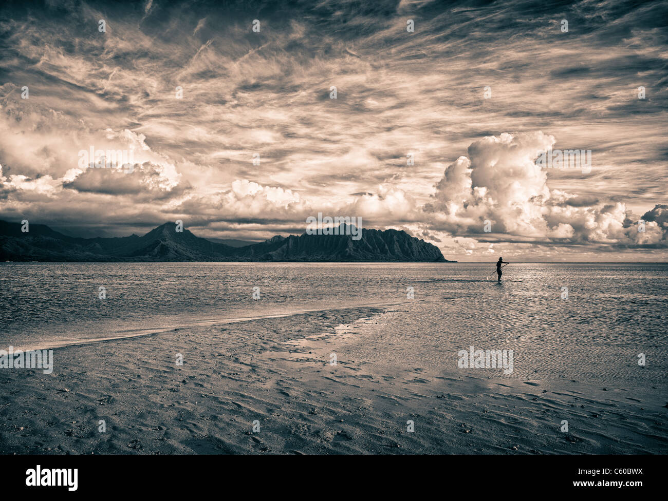 Stand-up Paddler at Kaneohe Bay Sandbar for sunrise, Kualoa in distance ...