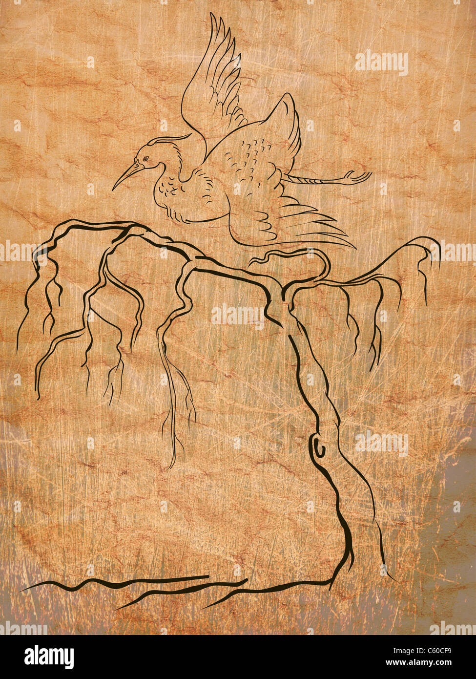 illustration of heron crane flying with tree in background done in ...