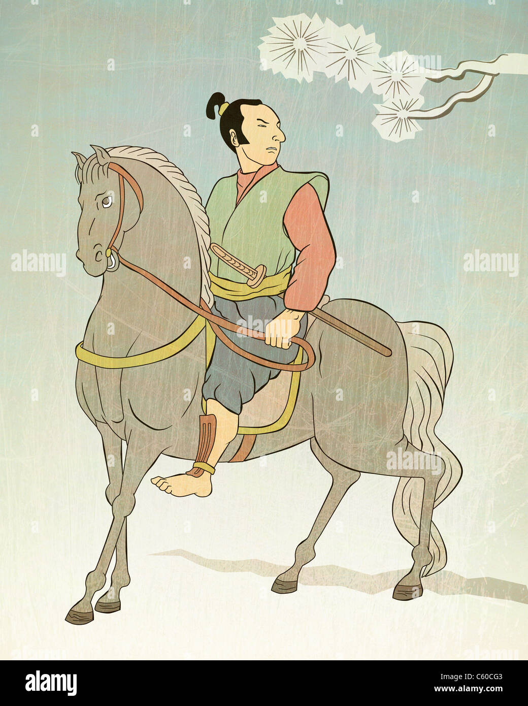 illustration of a Samurai warrior riding horse with katana sword viewed ...