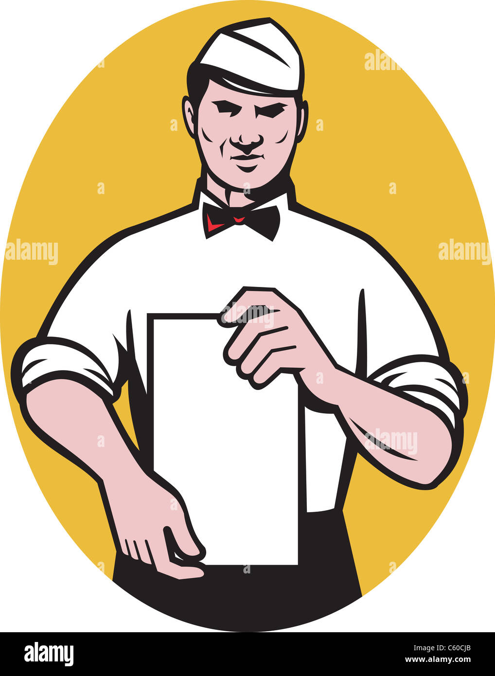illustration of a Waiter holding a blank menu paper facing front set ...