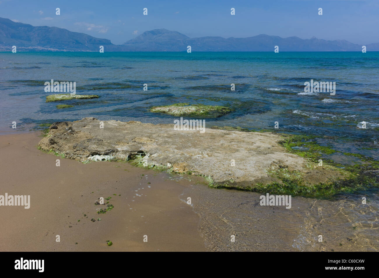 View on beautiful sunny beach with sandbanks covered with algae and ...