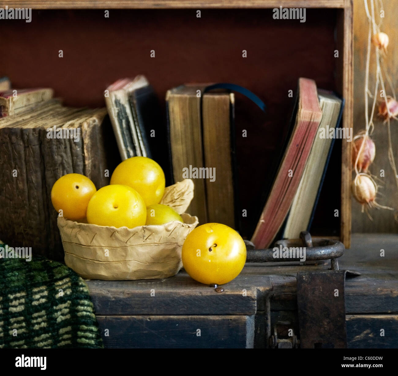 still life with books and yellow plums Stock Photo - Alamy
