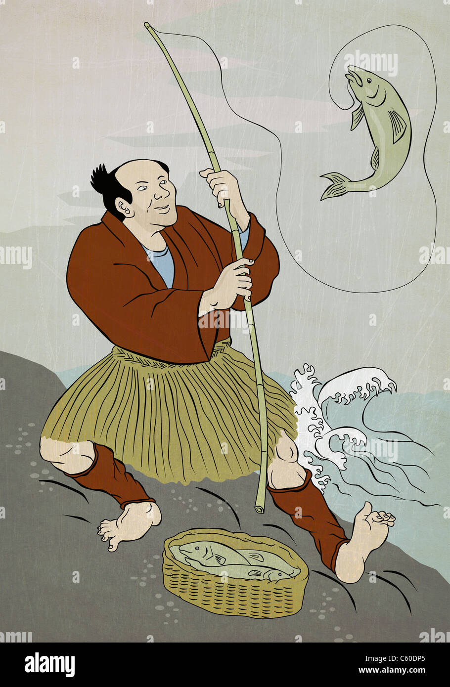 Image shows a Japanese fisherman fishing catching trout fish on a rock ...