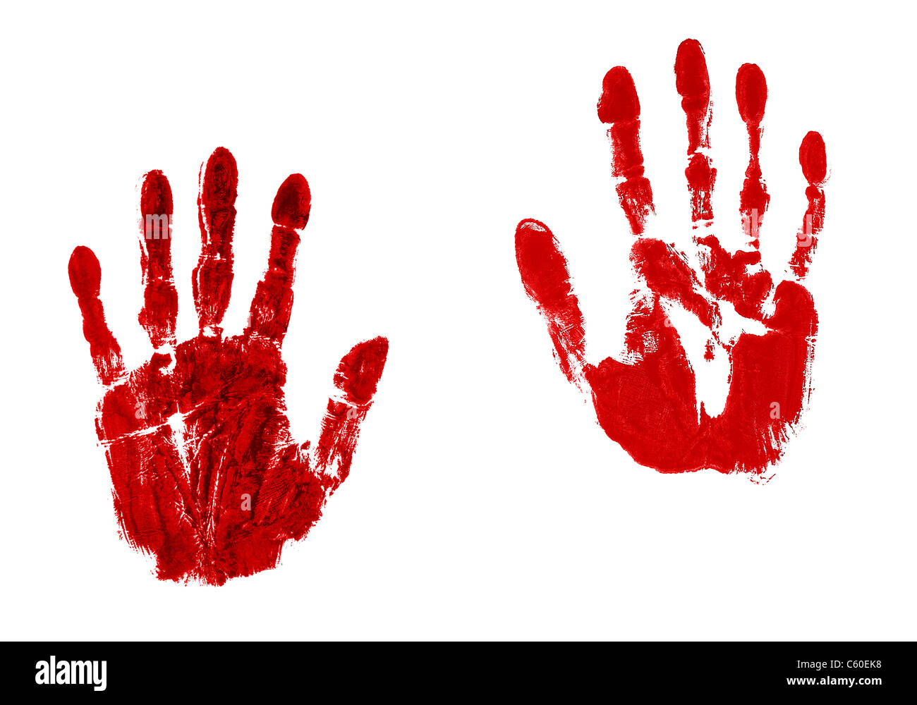 Pair of blood red hand prints isolated on white Stock Photo - Alamy