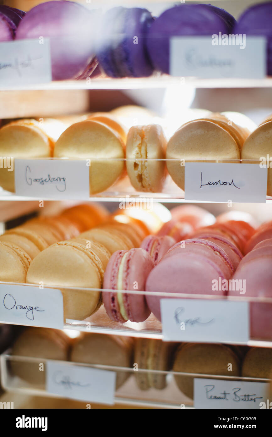 Macaroon varieties in bakery display Stock Photo - Alamy