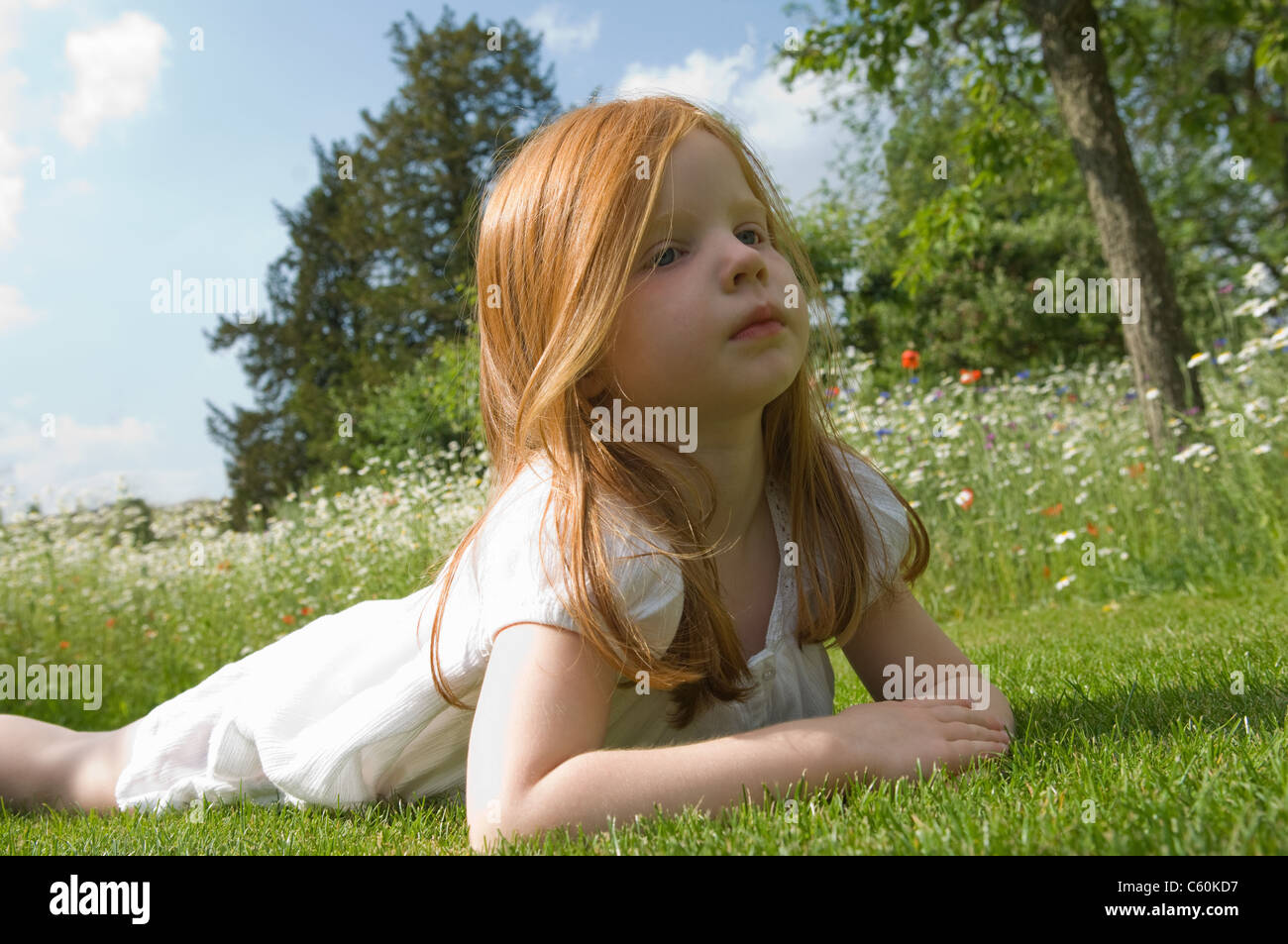 Girl laying on grass in field of flowers Stock Photo - Alamy