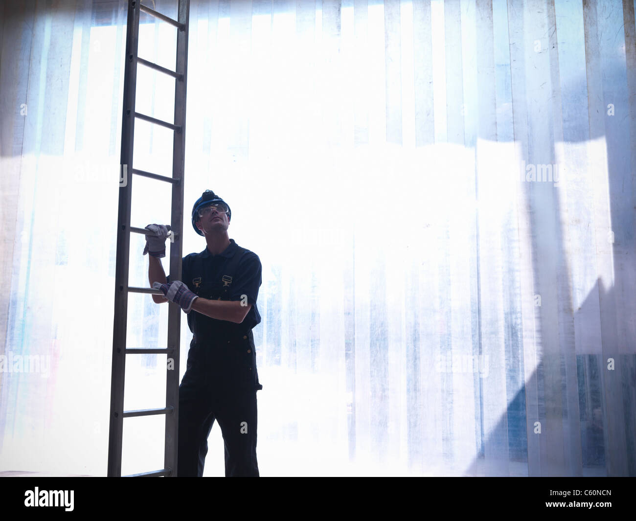 Worker holding ladder Stock Photo - Alamy Worker holding ladder Stock Photo - Alamy