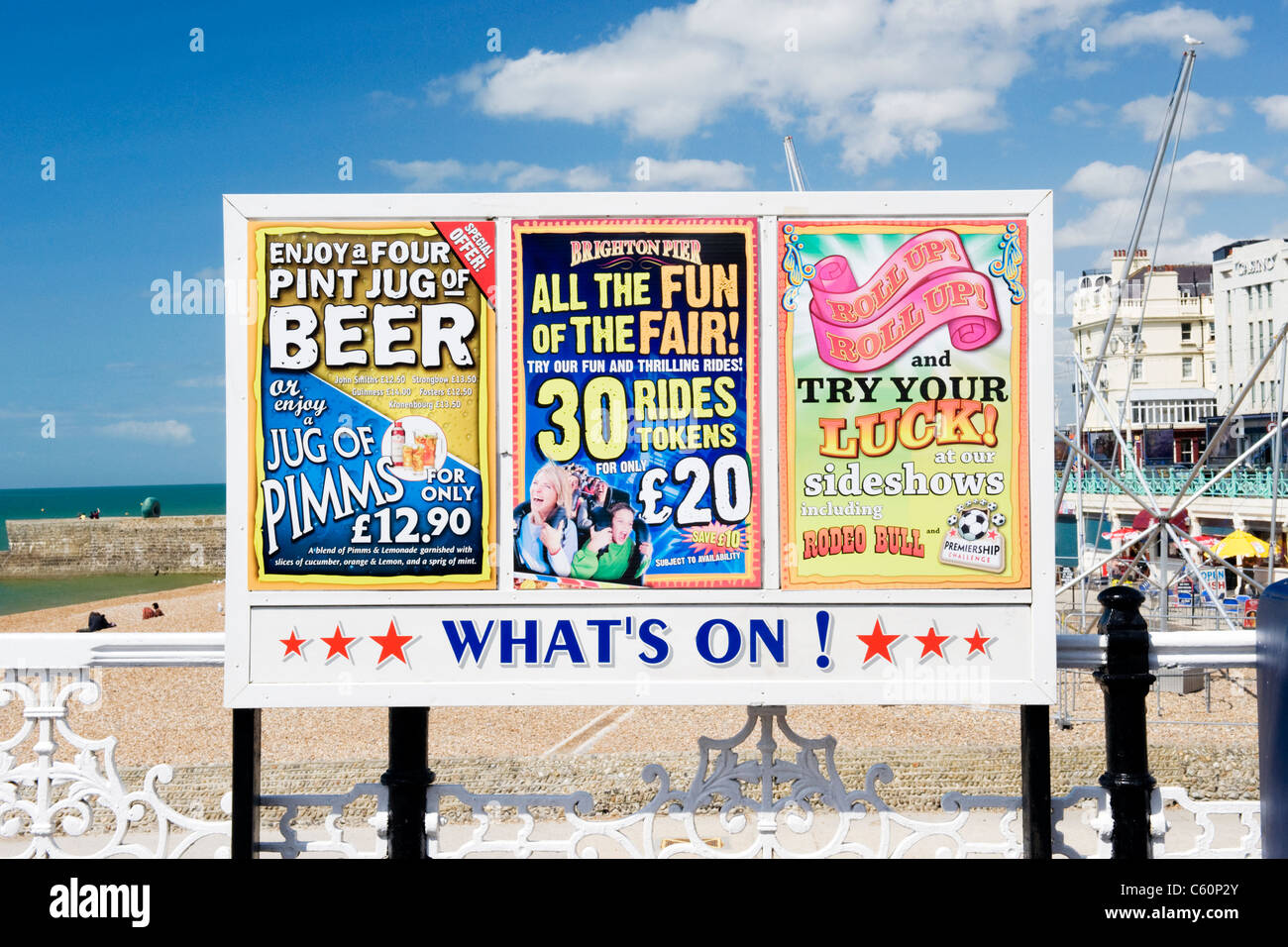 Brighton Pier , East Sussex , What's On notice board or sign for drinks ...