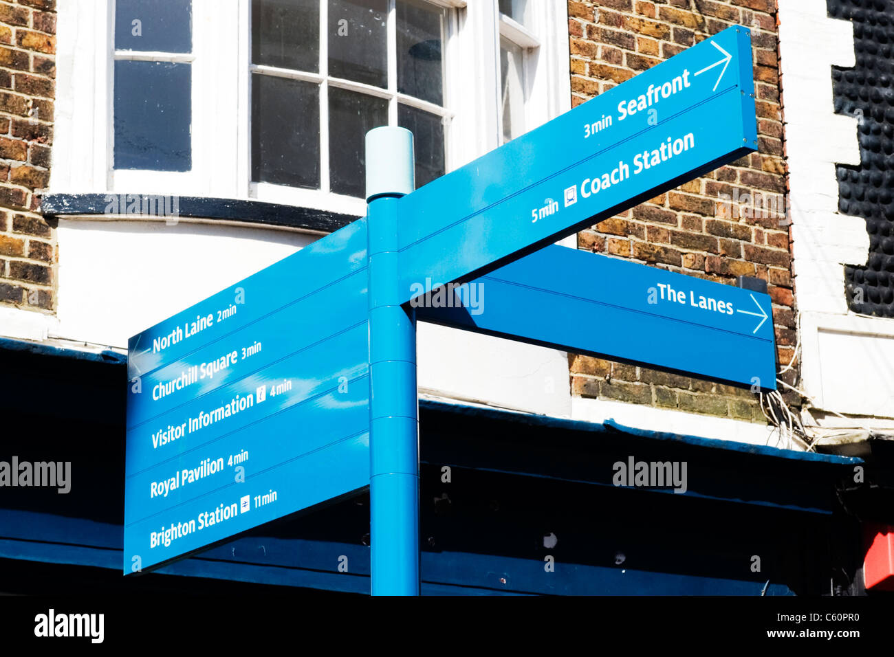 Brighton East Sussex blue turquoise signpost showing The Lanes Seafront ...