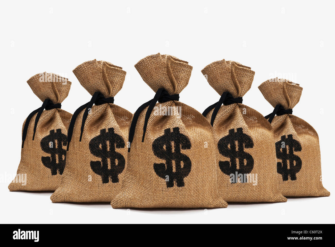 fünf Geldsäcke mit Dollar-Symbolen stehen hintereinander | five money ...