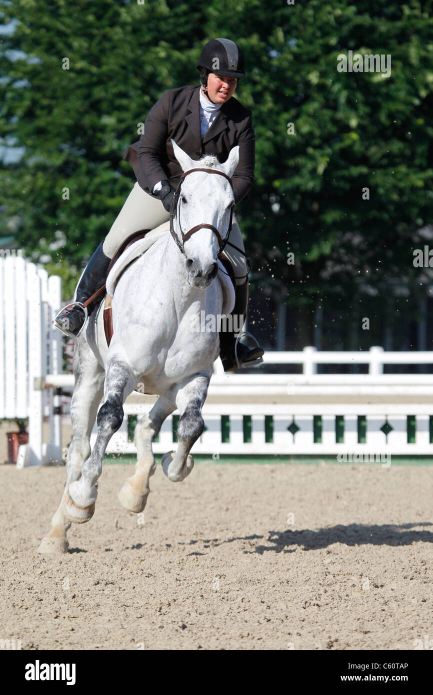 A woman cantering her horse during a horse show Stock Photo - Alamy