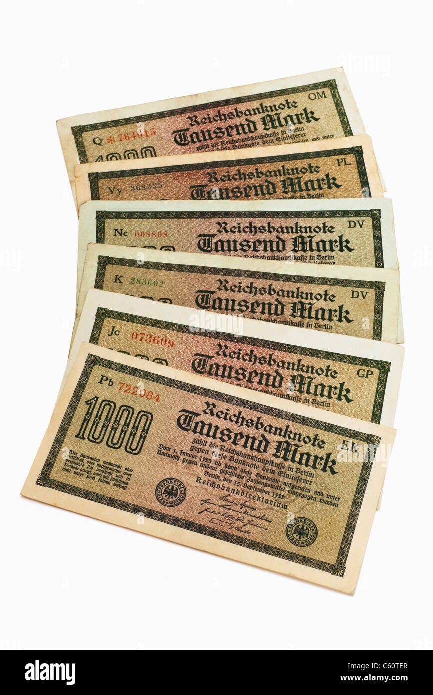 Detail photo of six old German bills of September 15nd 1922 about the ...
