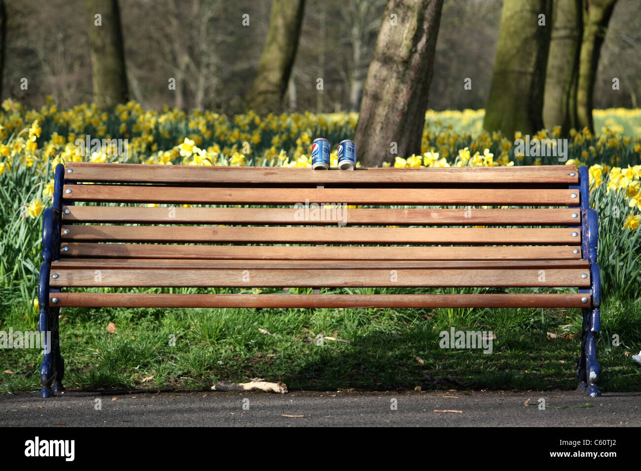 Drinks cans on a park bench Stock Photo - Alamy