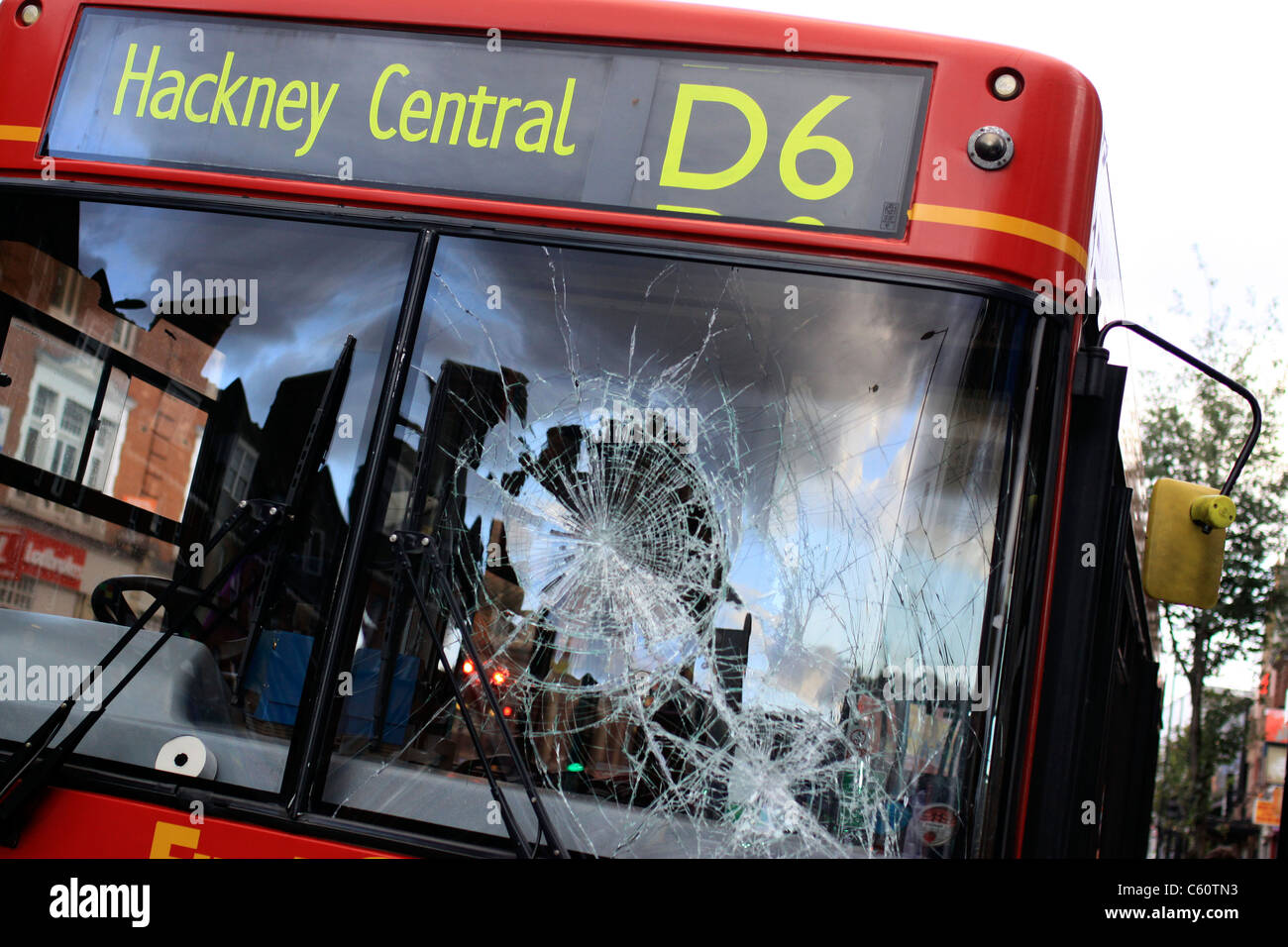 Smashed windscreen of a bus in Hackney during the riots in August 2011 ...