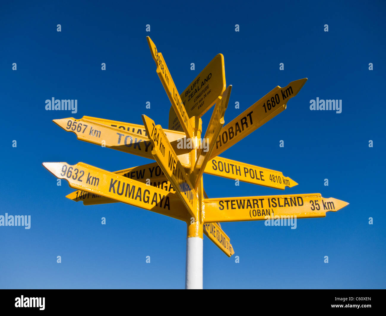 Signpost in Sterling point Bluff, South island of New Zealand Stock ...