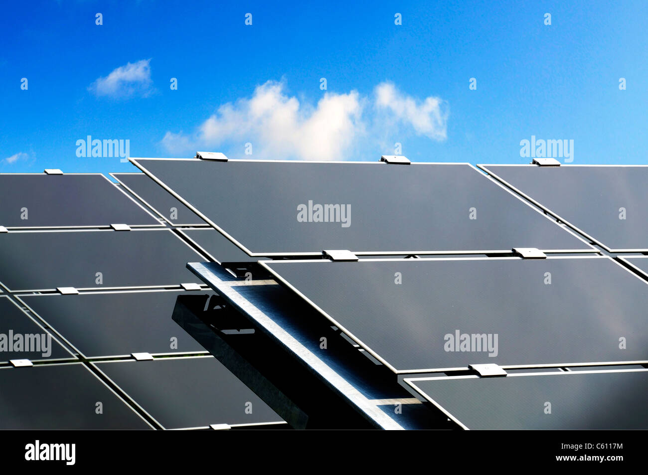 Closeup of large solar panels used to produce electric power from the ...