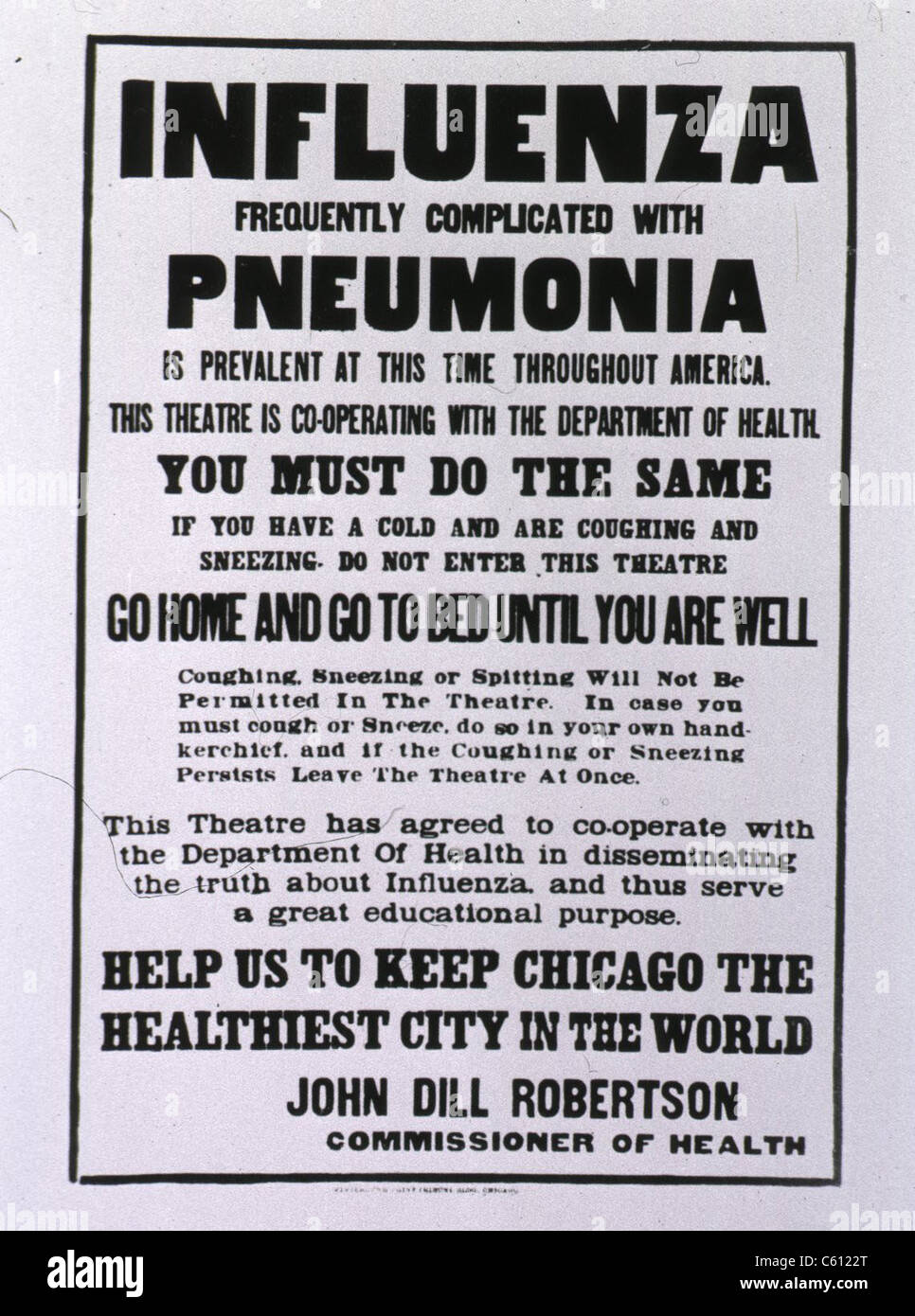 Public health poster relating to the Spanish Flu epidemic in Chicago ...
