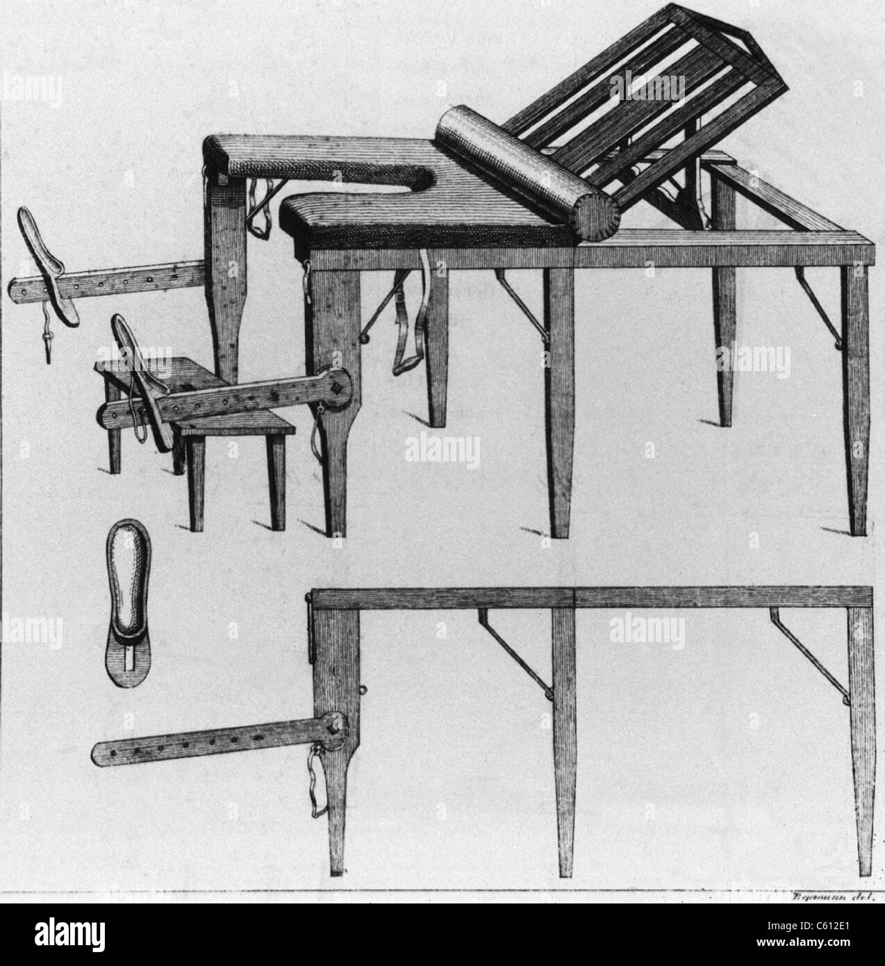 A wooden birthing table with adjustable back and leg supports, an ...