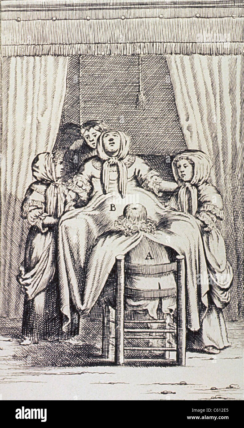 Woman in Labor. 1707 Dutch print of a woman assisted in childbirth by a ...