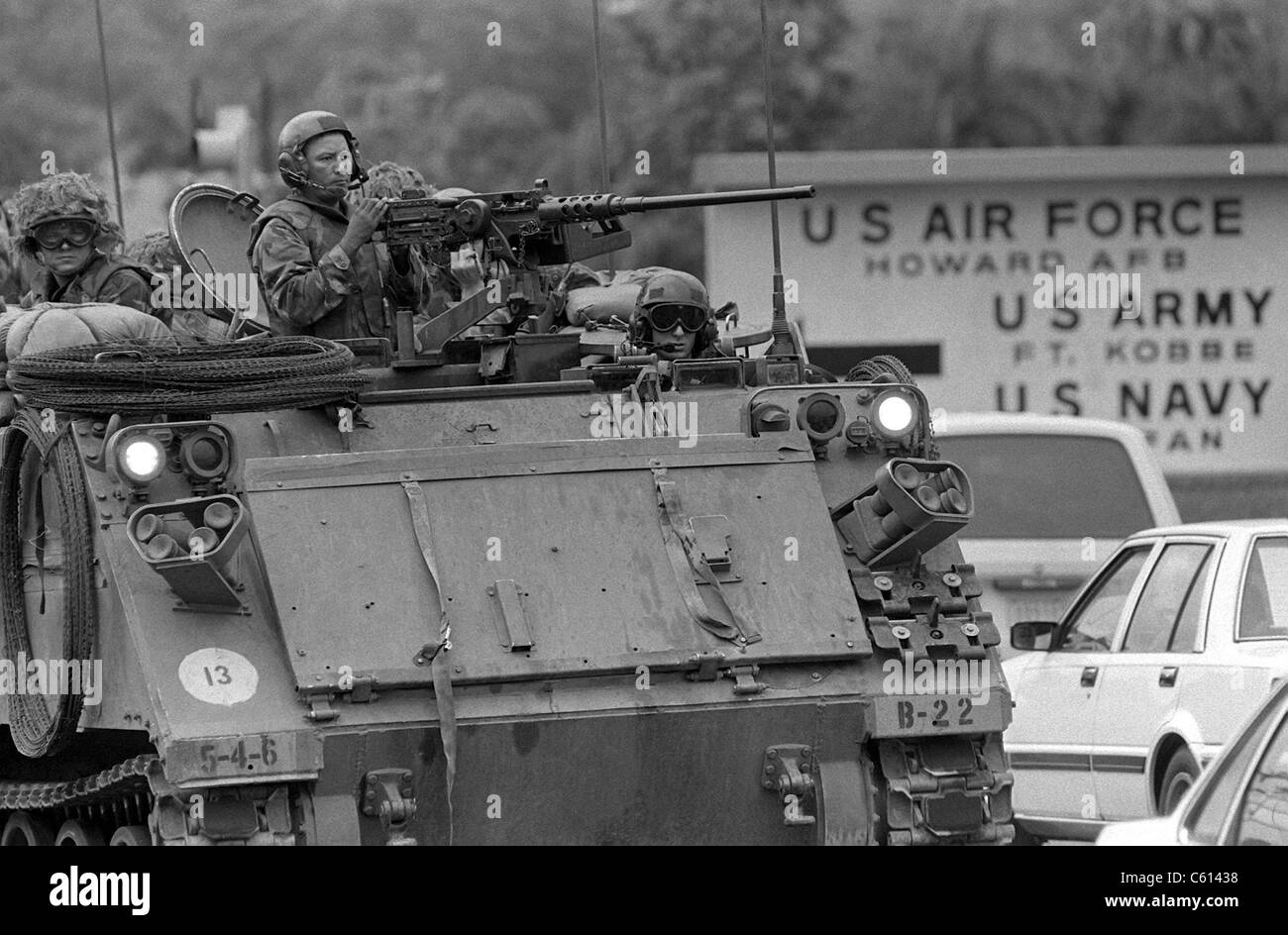 U.S. Soldiers in an armored personnel carrier at Howard Air Force Base ...