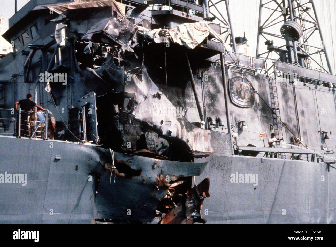 Damage sustained by the guided missile frigate USS STARK when it was ...